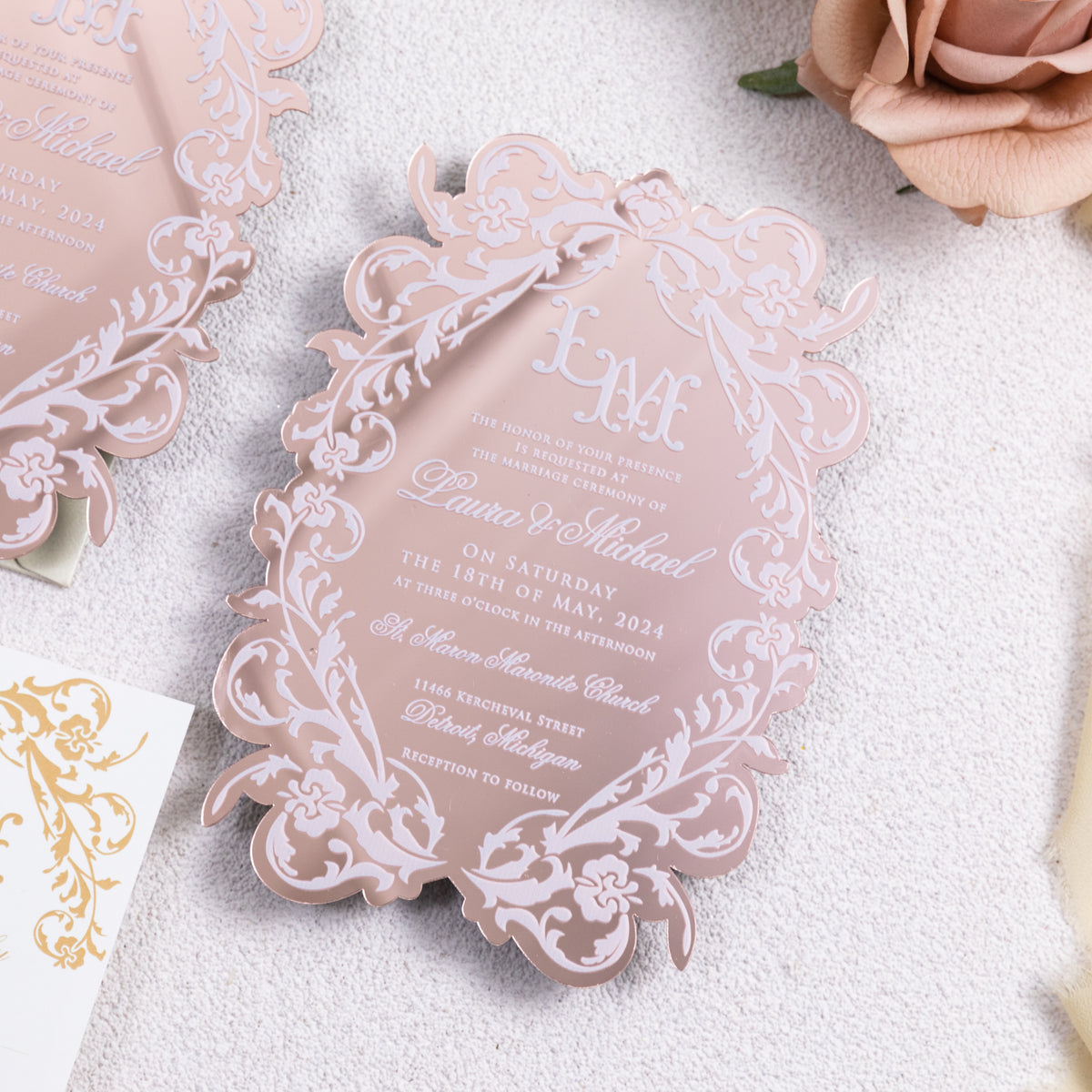 Elegant Floral Shape Rose Gold Mirror Acrylic Invitation With Chic Whi ...