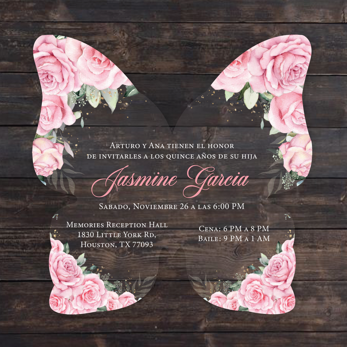 Pink Roses Butterfly Shaped Acrylic Invitation – Invitations by Luis ...