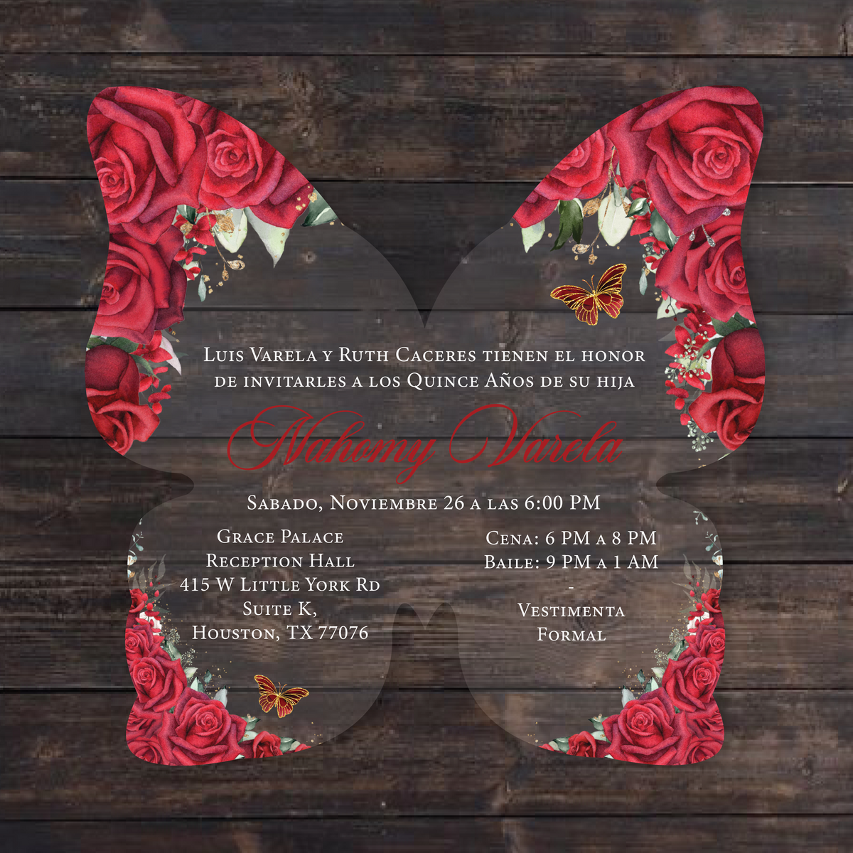 Red Roses Butterfly Shaped Acrylic Invitation – Invitations by Luis Sanchez