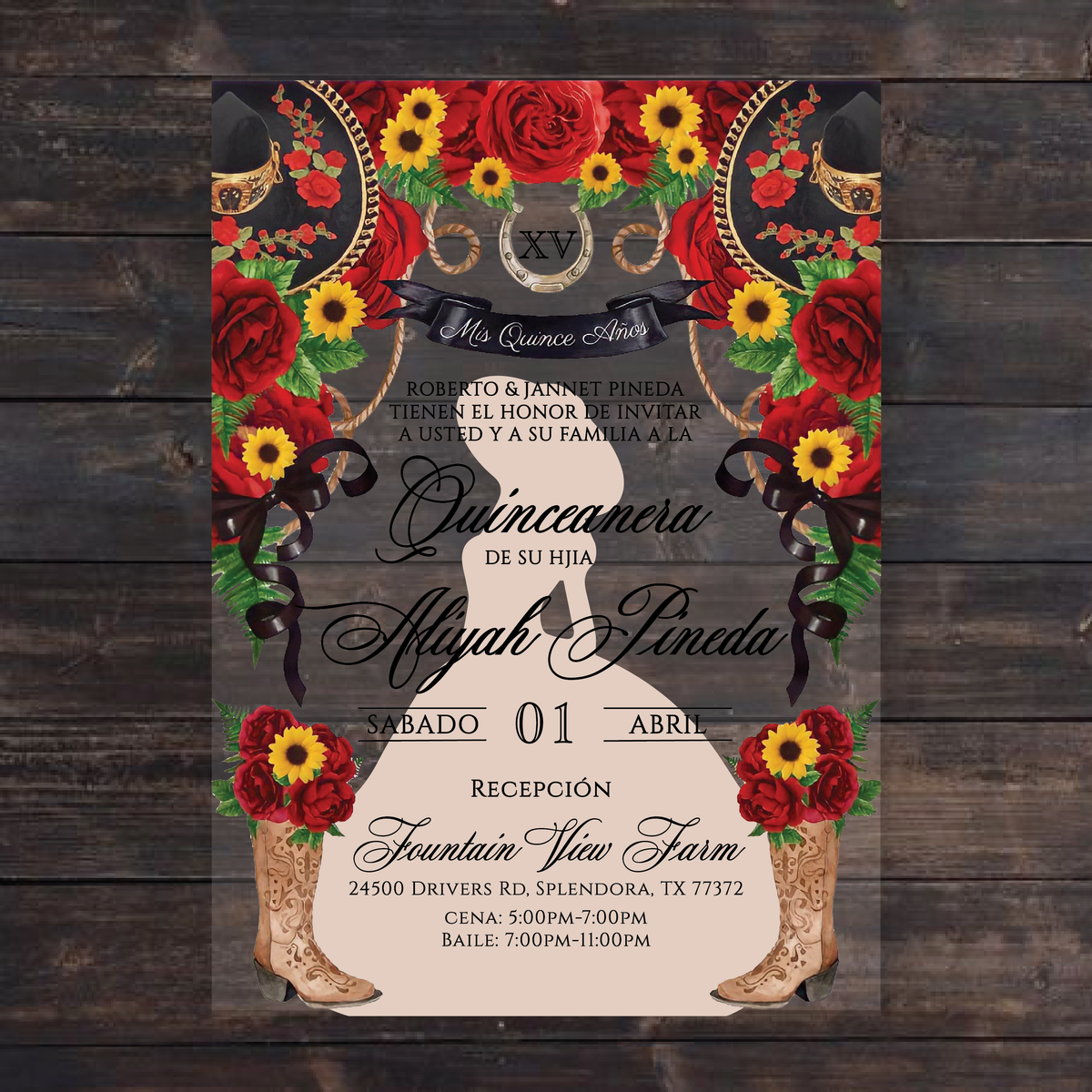Red Roses and Sunflowers Mexican Charro Theme Acrylic Invitation ...