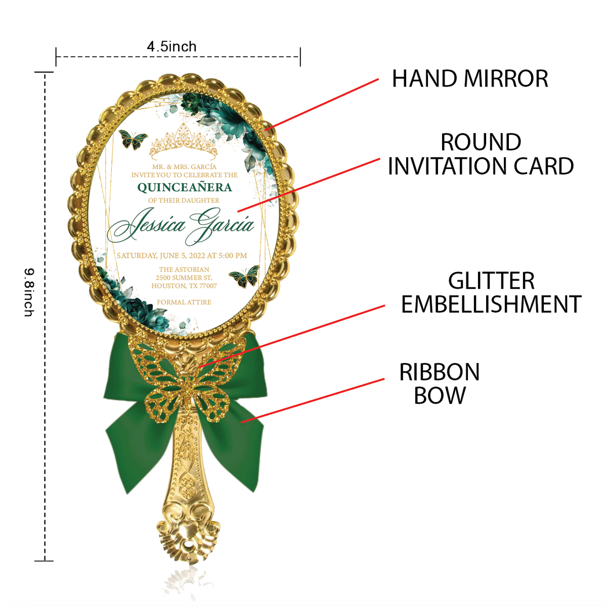 Luxury Hand Mirror Invitations with Organza Bags – Invitations by Luis ...