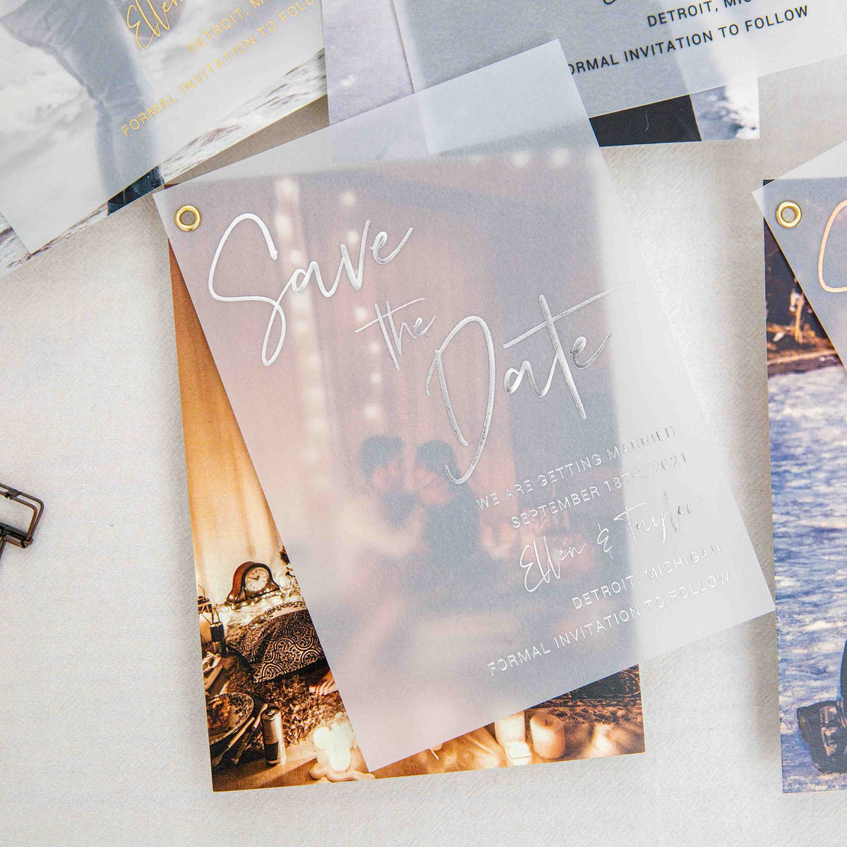 Foil Vellum with Photo Layer Grommet Save the Date Invitation ...
