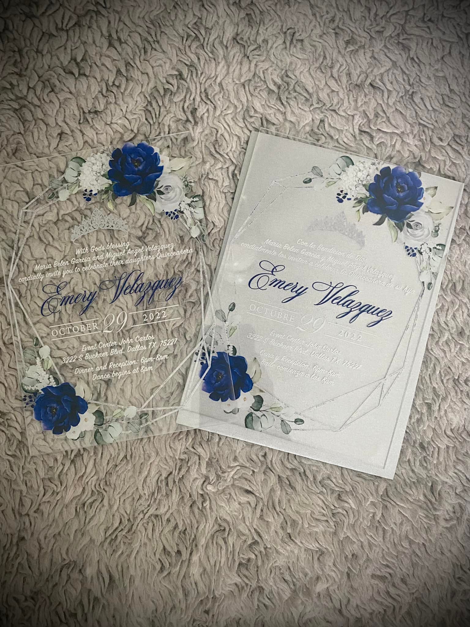 Royal Blue and Silver Floral Acrylic Invitation – Invitations by Luis ...