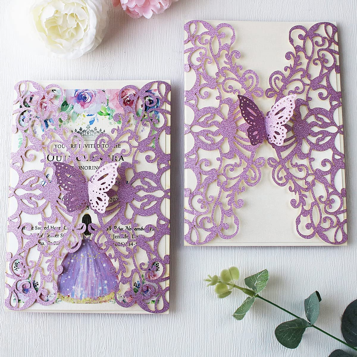 Light Purple Glitter Butterfly Gatefold Laser Cut Invitation ...