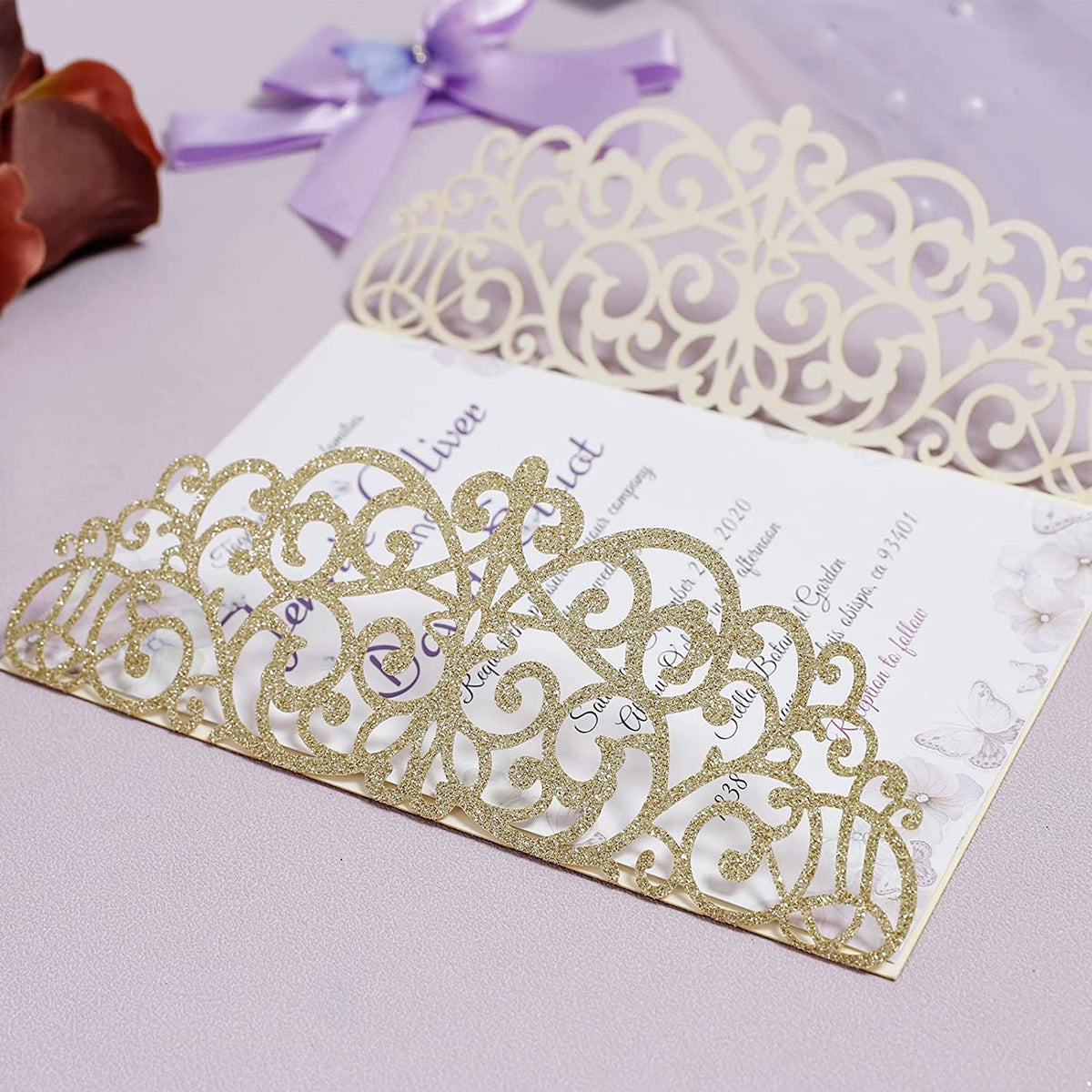 Gold Glitter and Light Purple Butterfly Ribbon Laser Cut Invitations ...