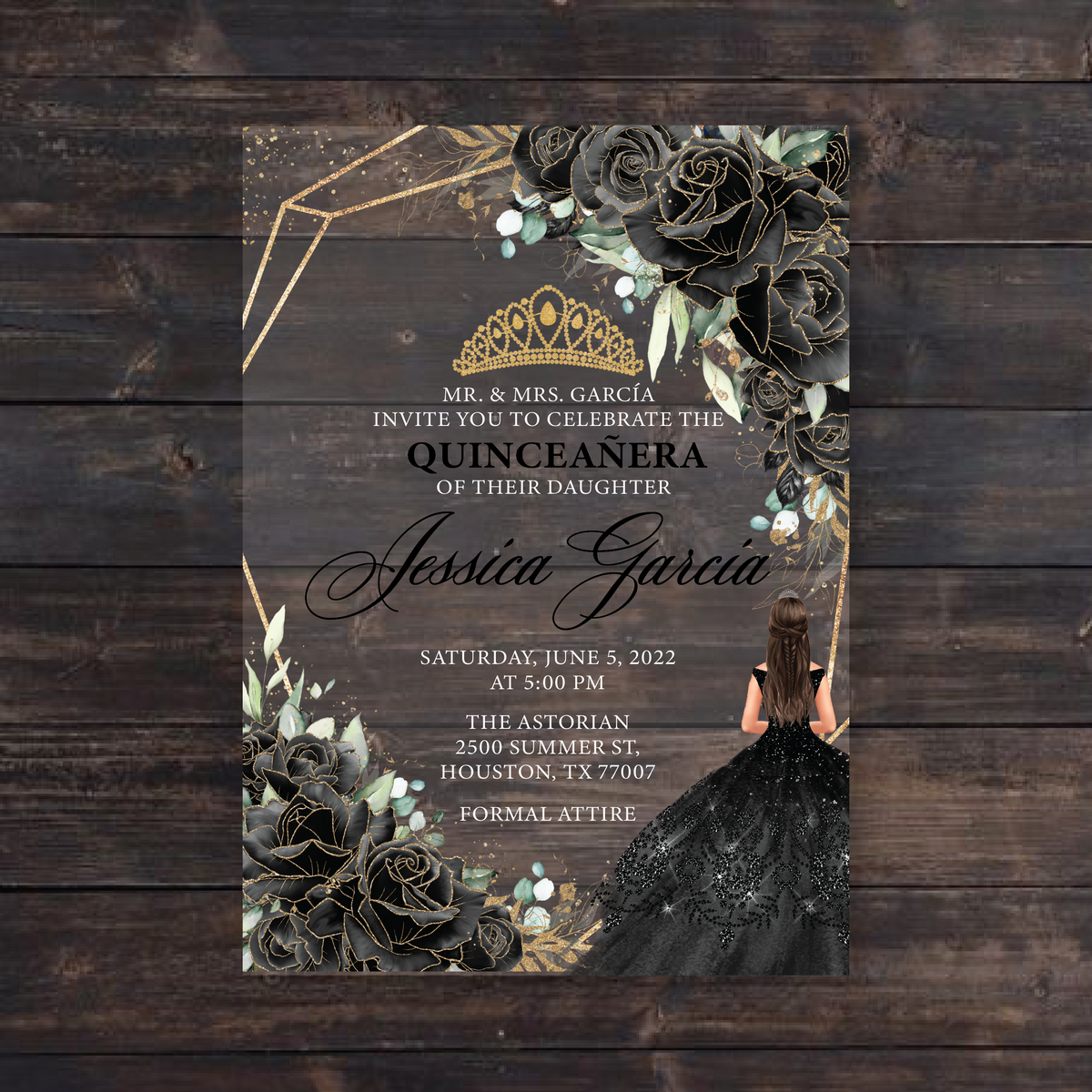 Black Floral and Gold Geometric Quinceanera Acrylic Invitations ...