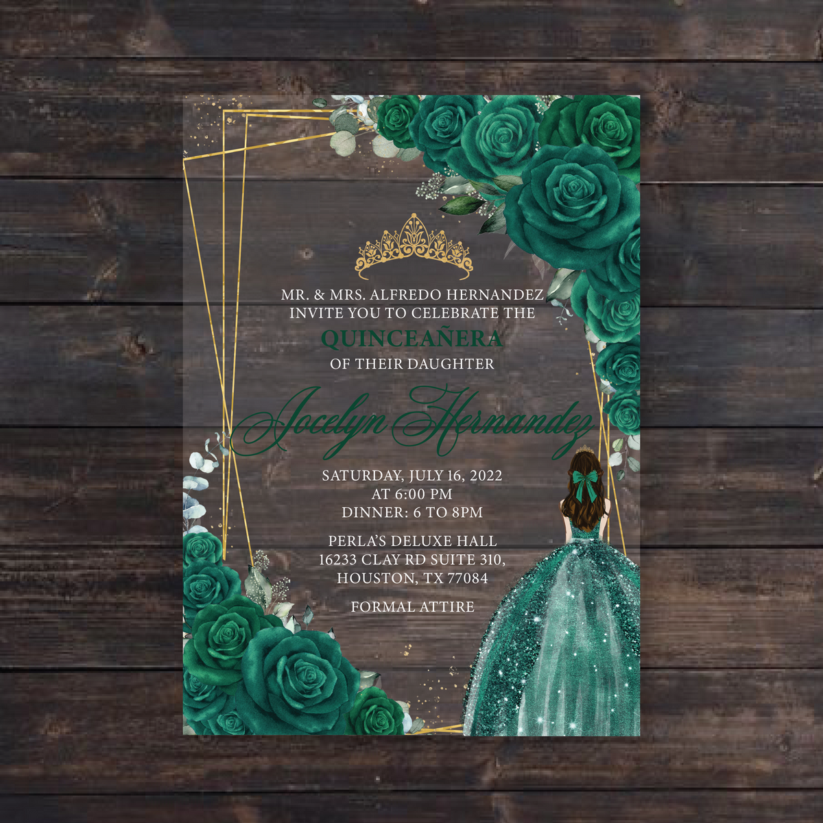 Emerald Green Roses and Geometric Gold Frame Acrylic Invitation ...