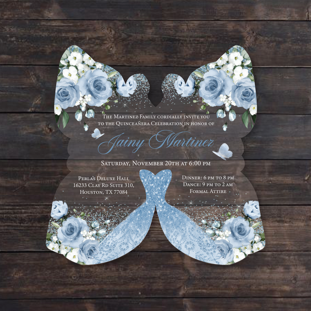 Light Blue Butterfly Shaped Acrylic Invitation – Invitations by Luis ...
