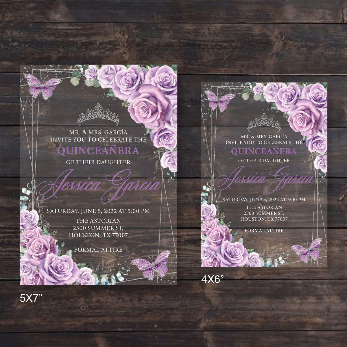 Light Purple Roses Butterflies and Silver Geometric Acrylic Invitation ...