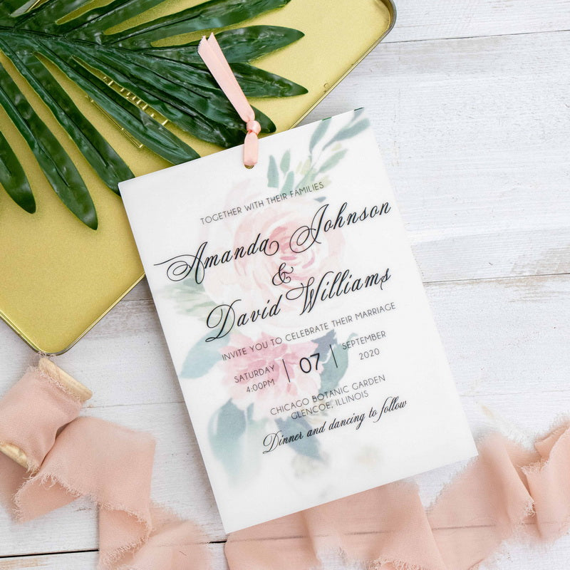 Pink Floral Vellum Invitation with Ribbon – Invitations by Luis Sanchez