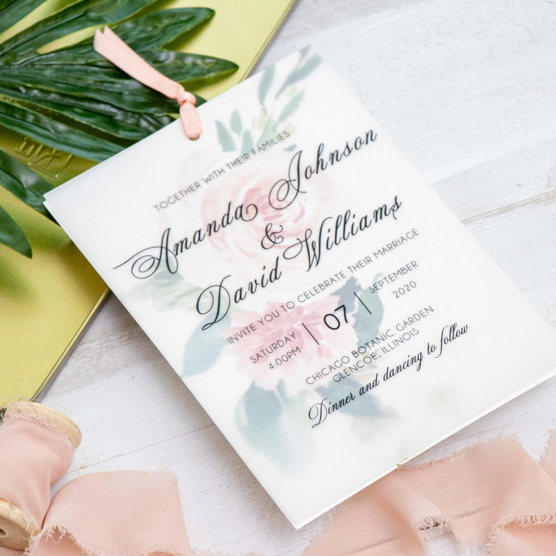 Pink Floral Vellum Invitation with Ribbon – Invitations by Luis Sanchez